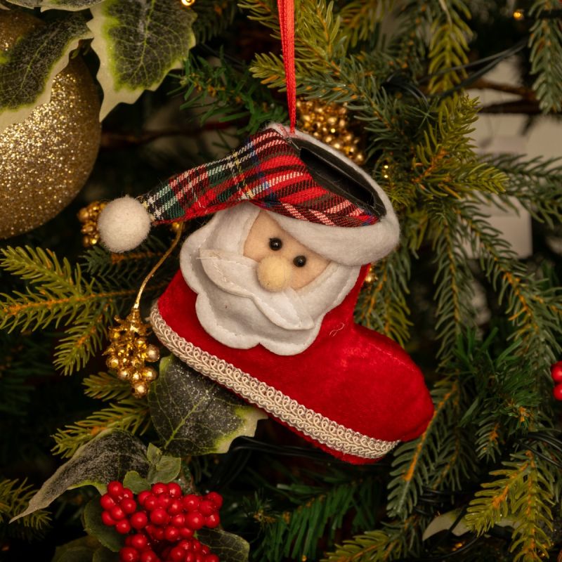Hanging Santa Boot with Tartan Hat - Christmas Decoration
