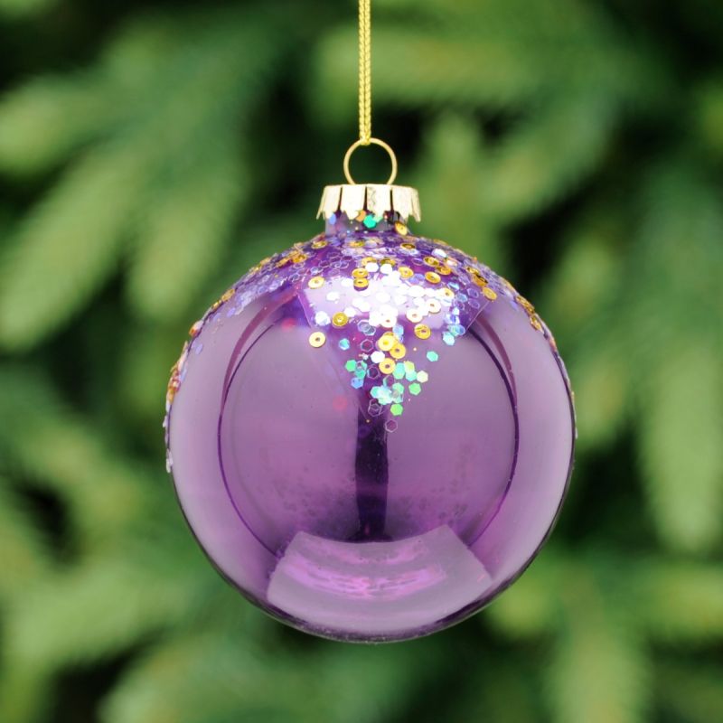 Purple Glass Ball with a Sequin Snow-cap - Christmas Tree Decoration