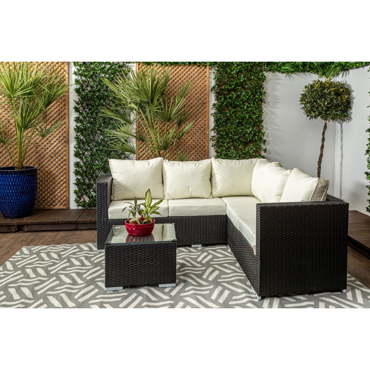 Mykonos Black Cream Compact Corner Sofa Set in classic Black Rattan with Glass topped Coffee