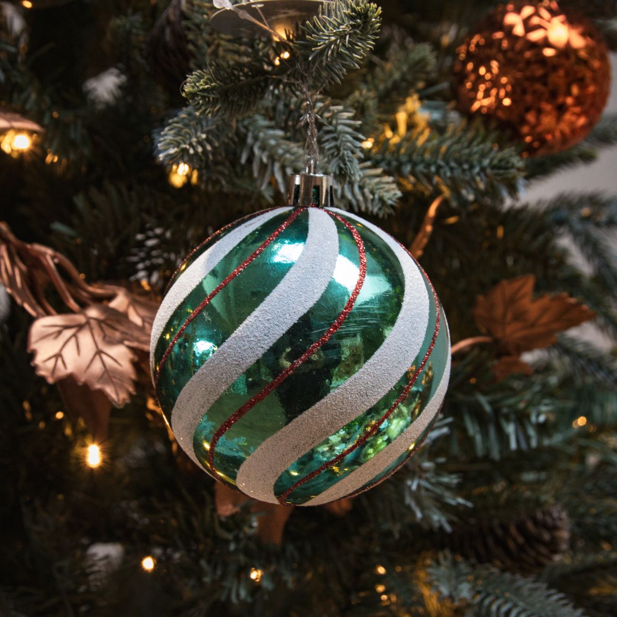 Christmas Tree Decorations Assorted Green with White and Red Glitter Baubles Pack of 12