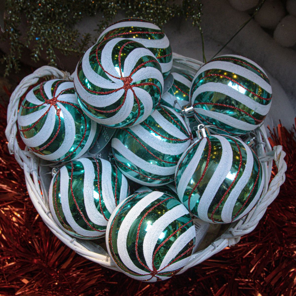 Christmas Tree Decorations Assorted Green with White and Red Glitter Baubles Pack of 12