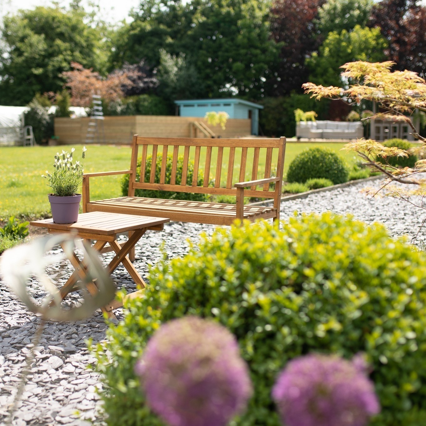 Two Seater Acacia Hardwood Garden Bench & Folding Side Table Set
