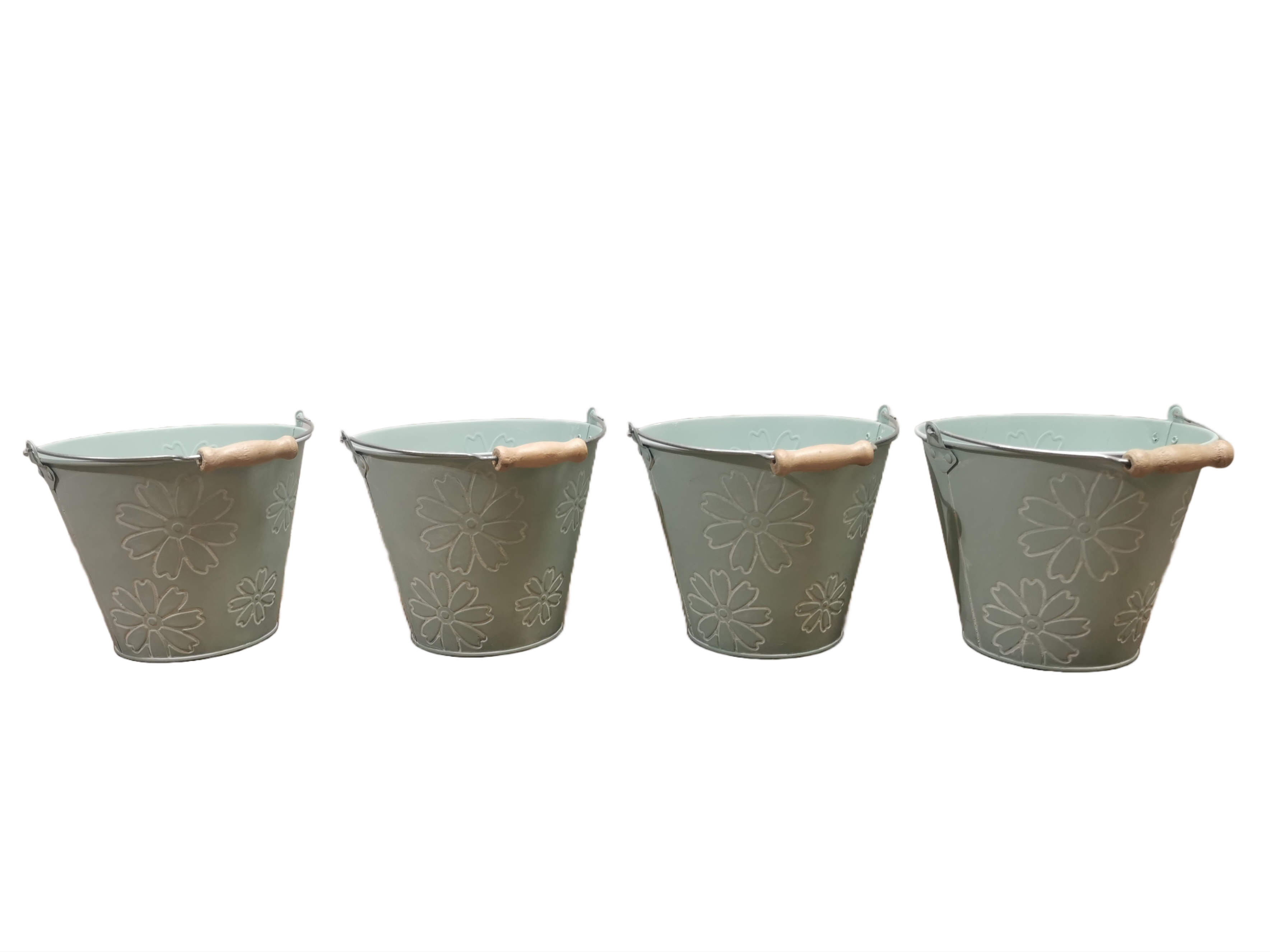 Pack Of Four - Whitewashed Tin Pail With Flower (17cm)