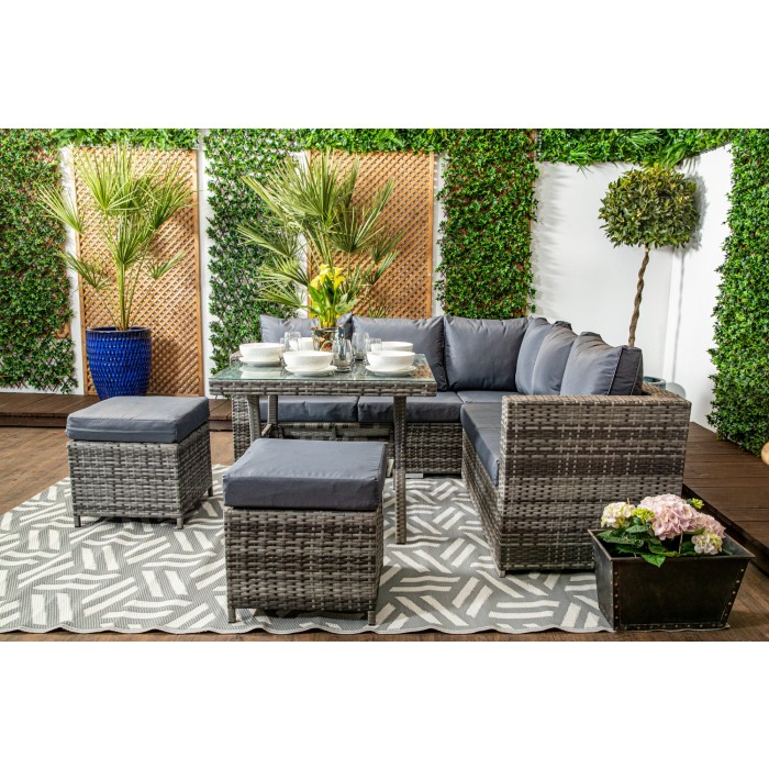 Ibiza - Compact Grey Rattan Corner Sofa Set with Glass Topped Dining ...