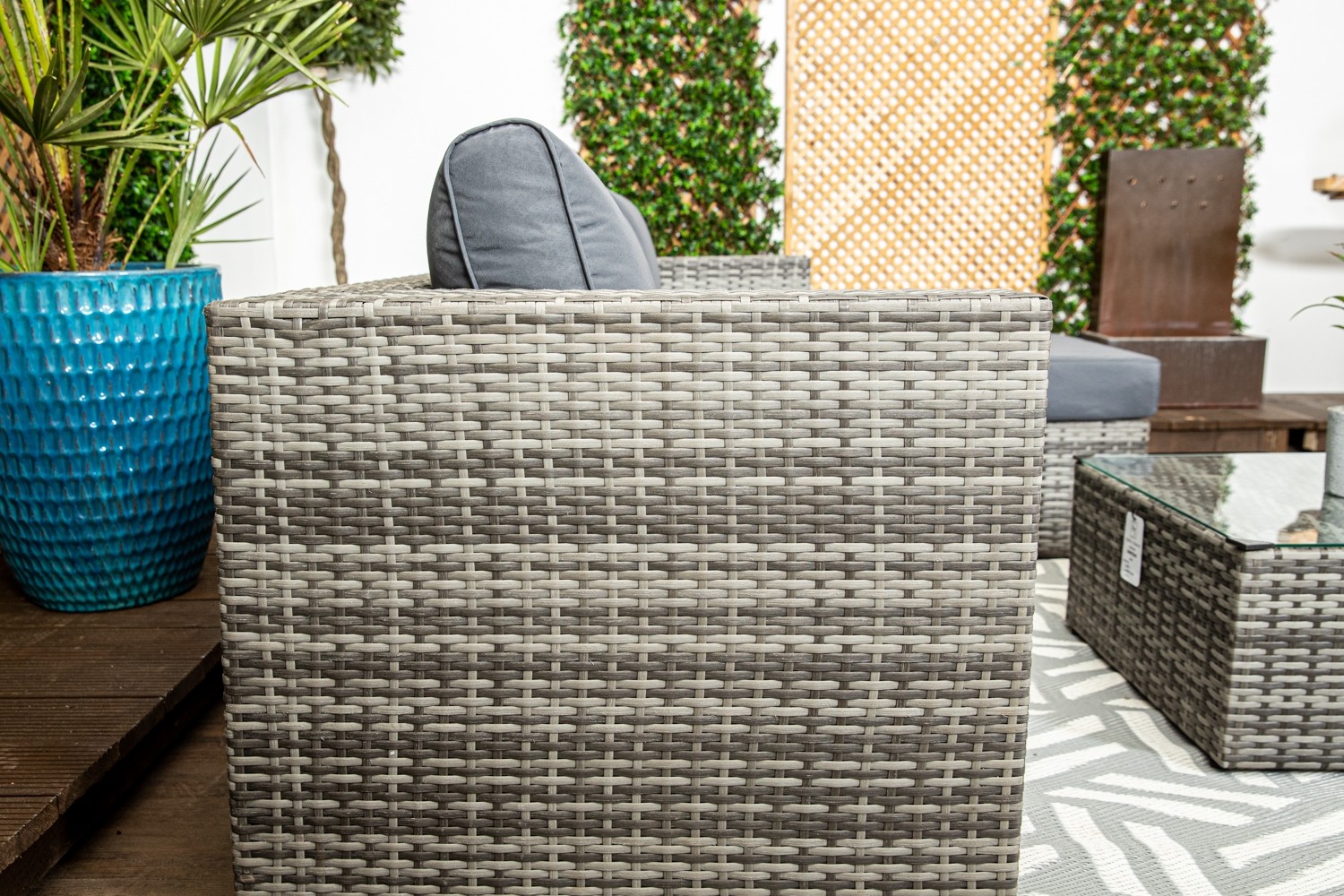 Barcelona - Grey Rattan Sofa Set with Glass Topped Coffee Table, Stool ...