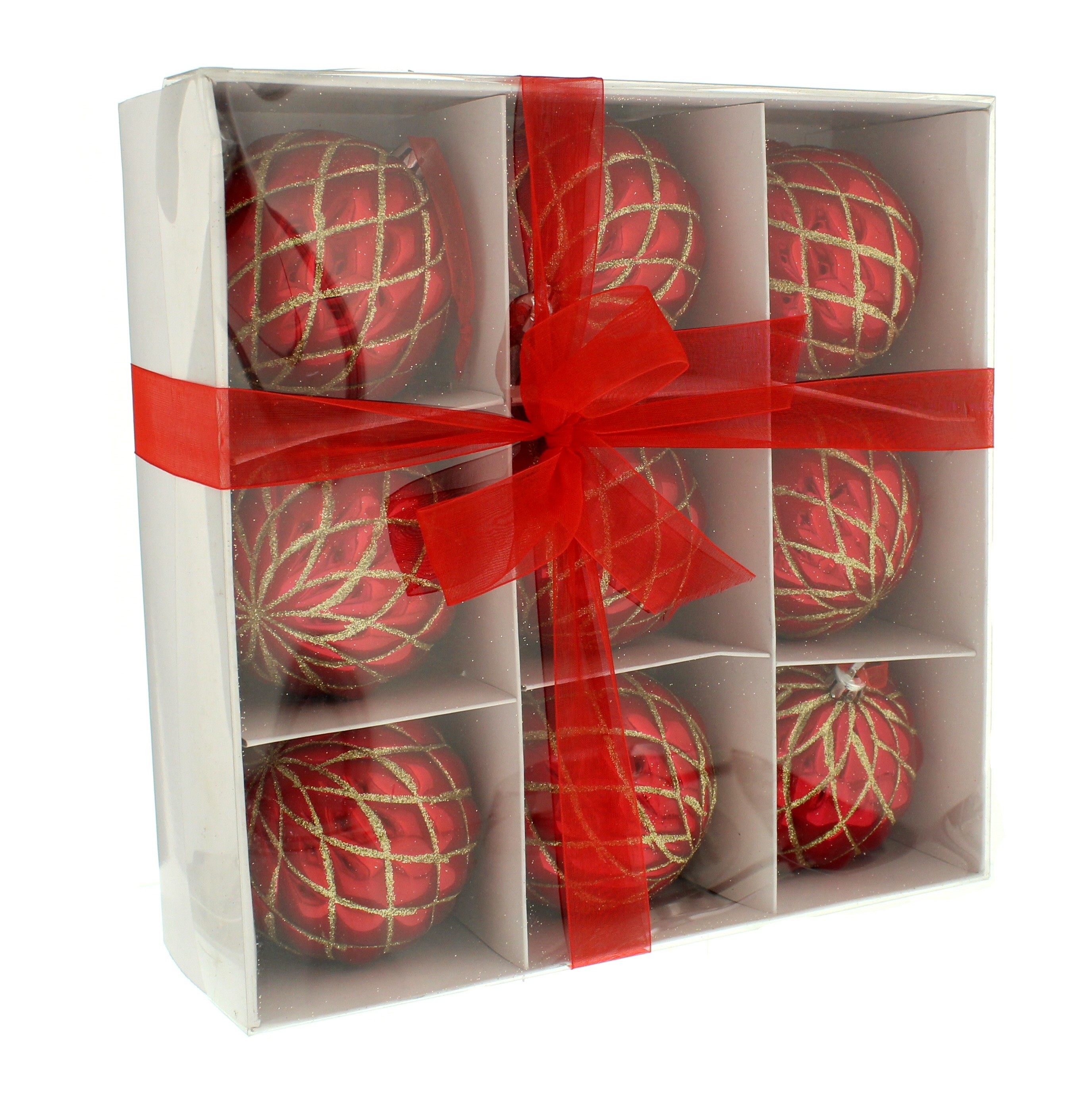 Christmas Tree Decorations - Red Patterned Baubles - Pack of 9