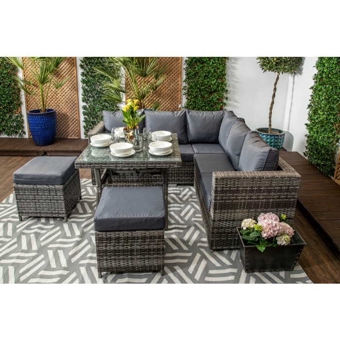 Ibiza - Compact Grey Rattan Corner Sofa Set with Glass Topped Dining ...